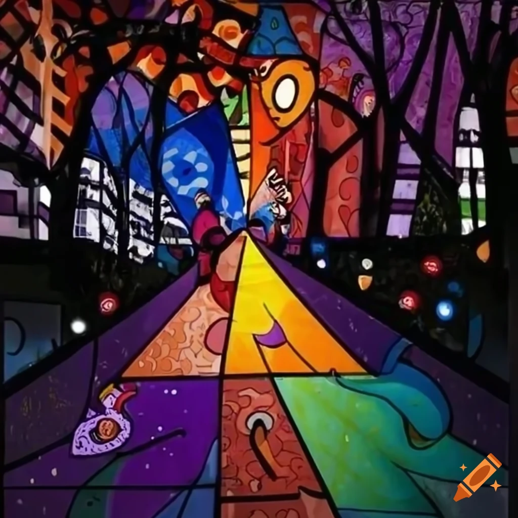 Romero britto inspired artwork of a nighttime stroll in central park