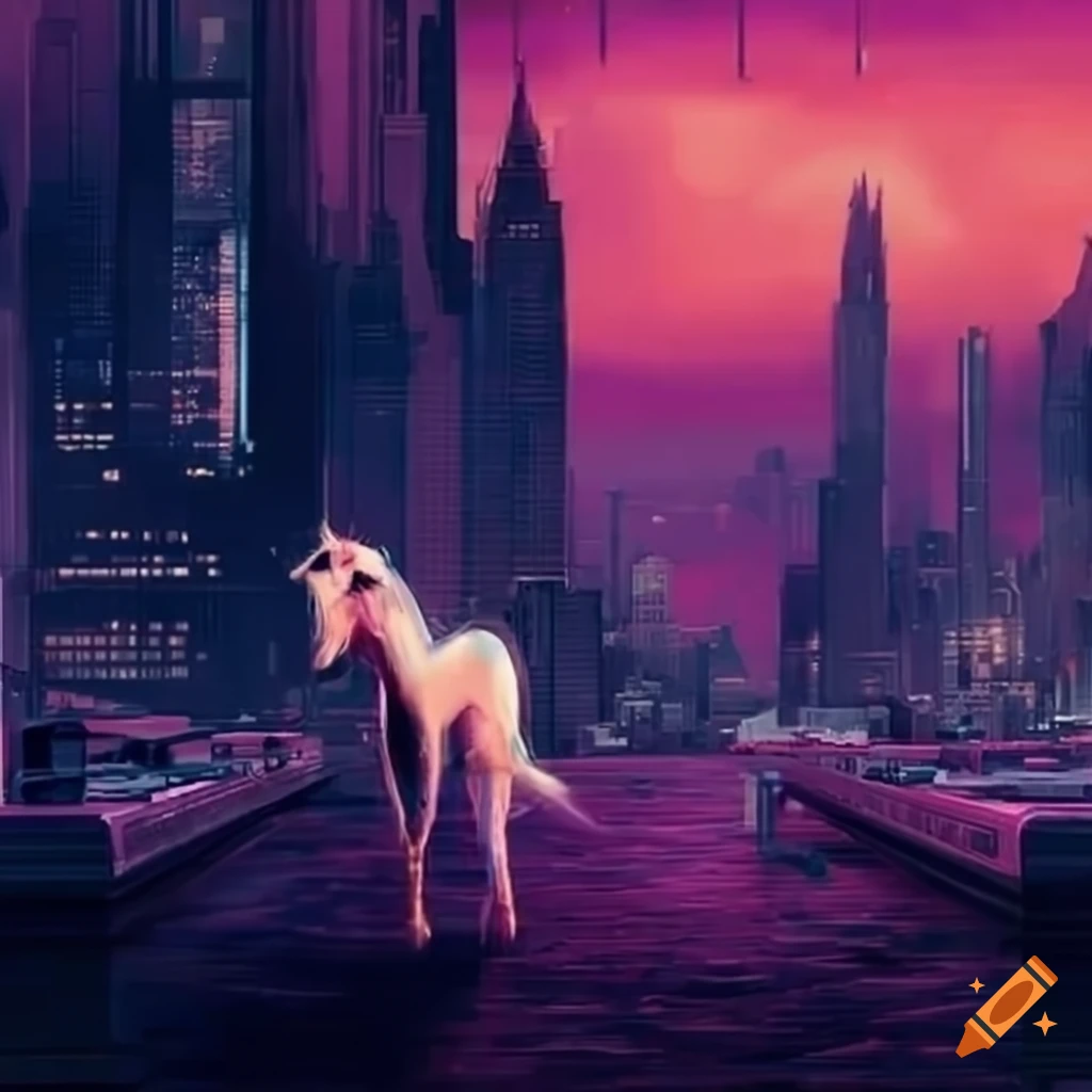 Deckard from blade runner in a futuristic city with a unicorn