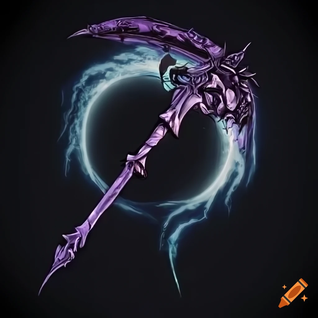 Emblem with eclipse, scythe, skeleton, and shadow