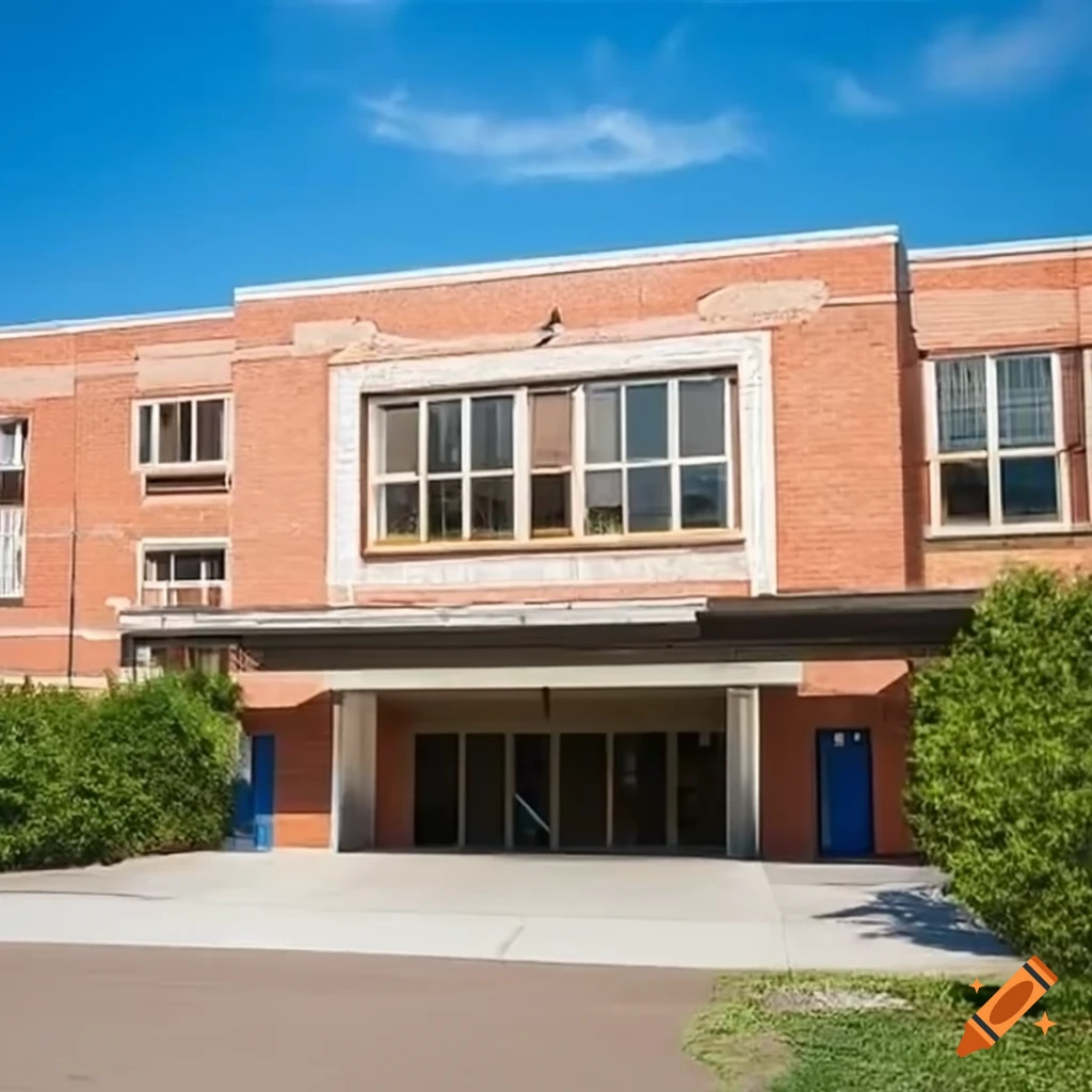 Two storey school buildings with a grey yard in the middle on Craiyon
