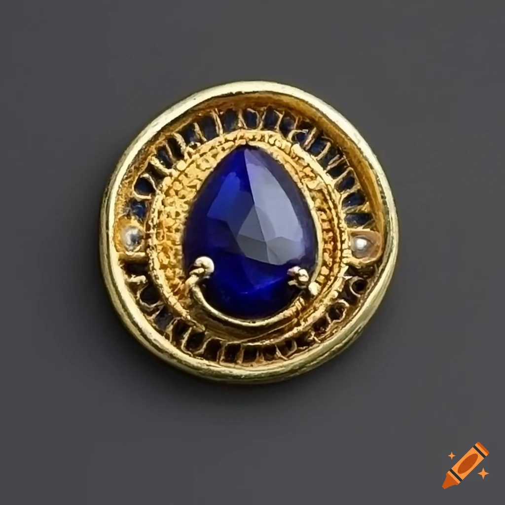 Medieval style gold brooch with sapphire gemstone
