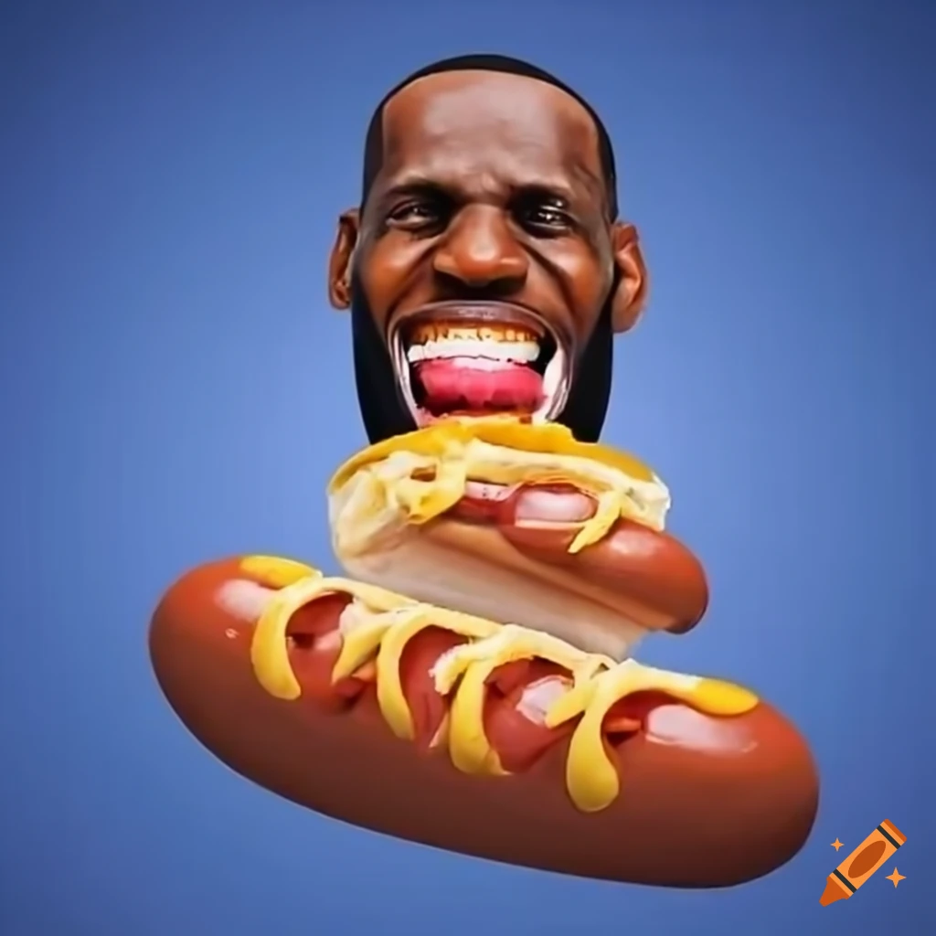 Lebron james eating a hot dog with a playful expression on Craiyon
