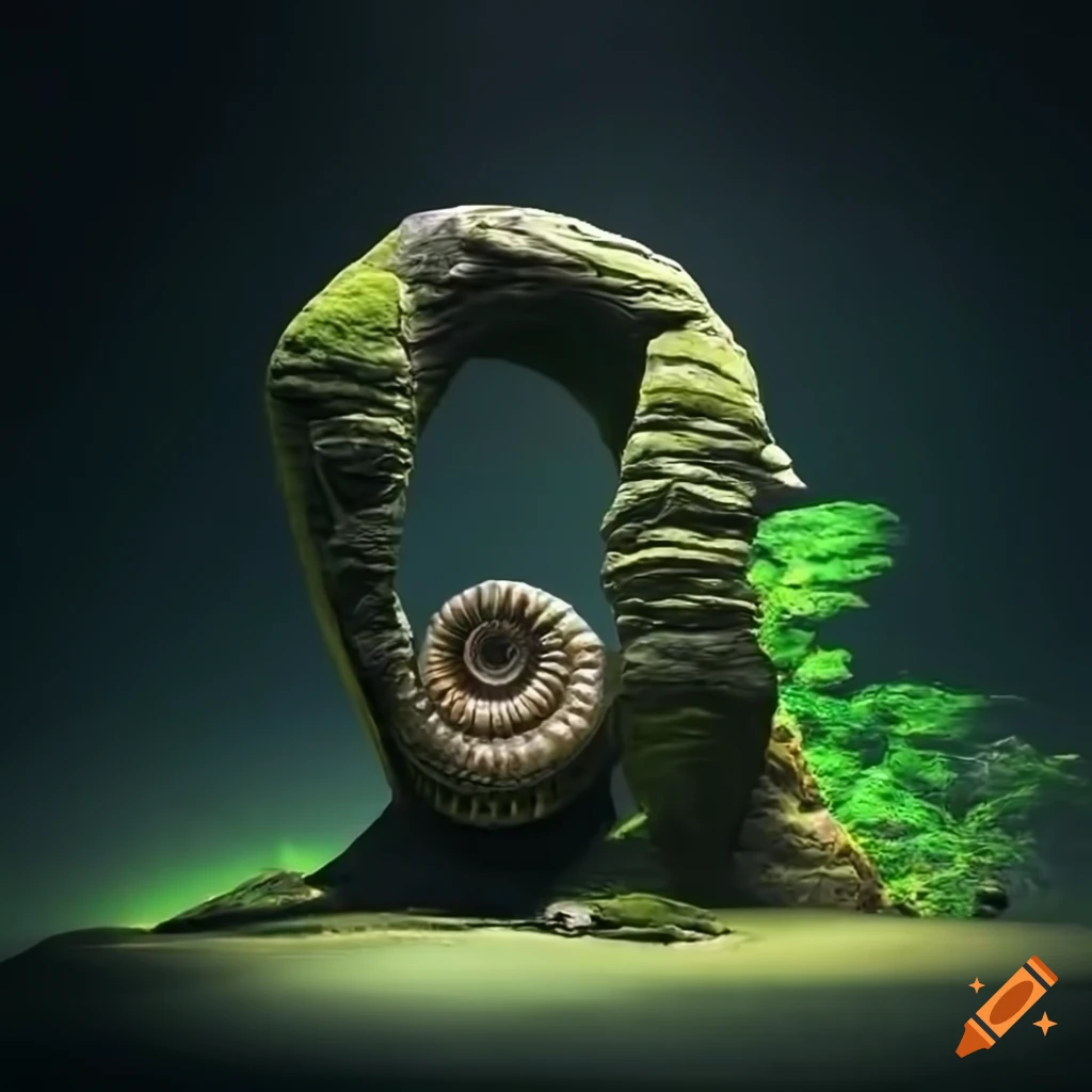 Biomorphic stone building in shape of an ammonite on Craiyon