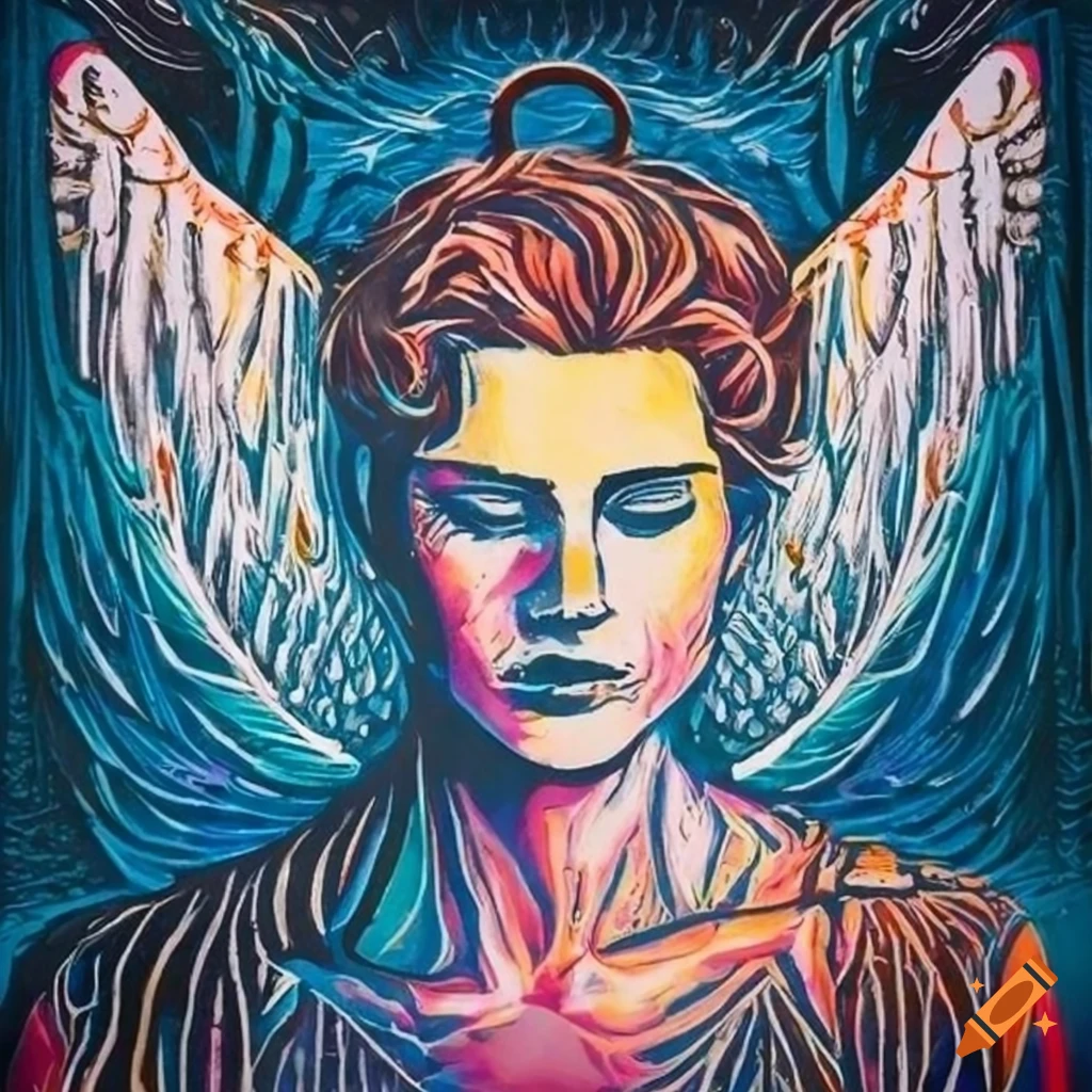 Linocut of a beautiful angel with radiant light