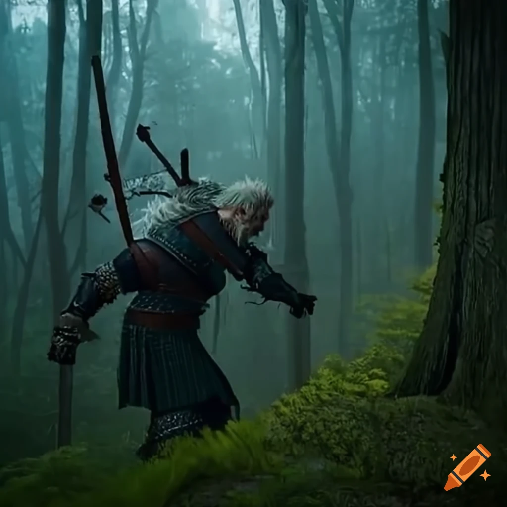 Artwork of witcher fighting a monster in a forest on Craiyon