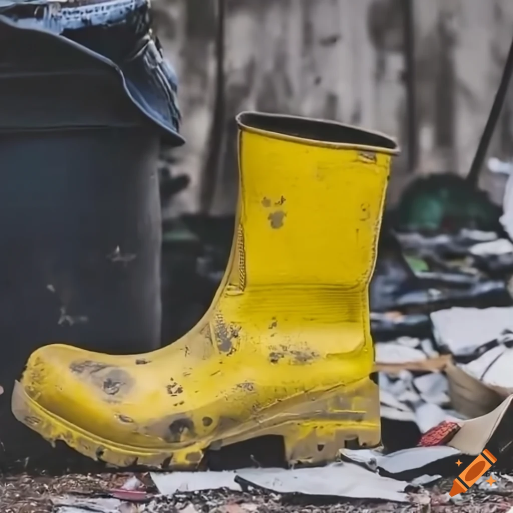 Close-up of dirty yellow safety rubber boots sinking into garden trash
