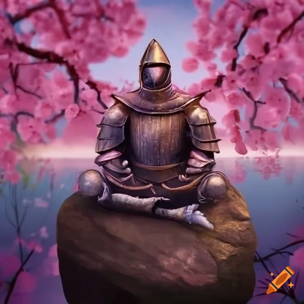 Fantasy knight meditating in cherry blossom forest on Craiyon