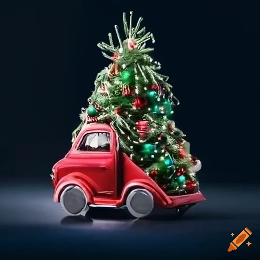 Christmas tree with miniature truck ornaments on Craiyon