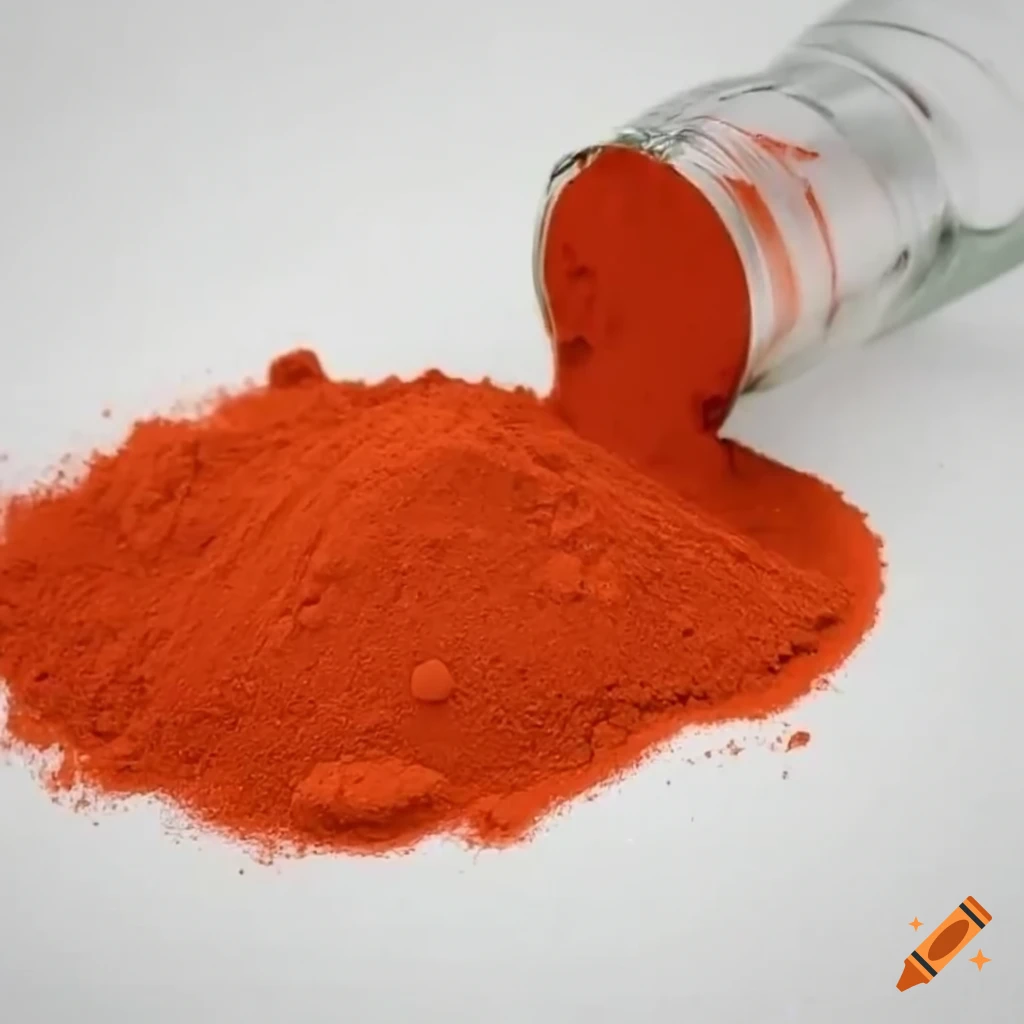 Spilled orange-red mof powder from glass bottle
