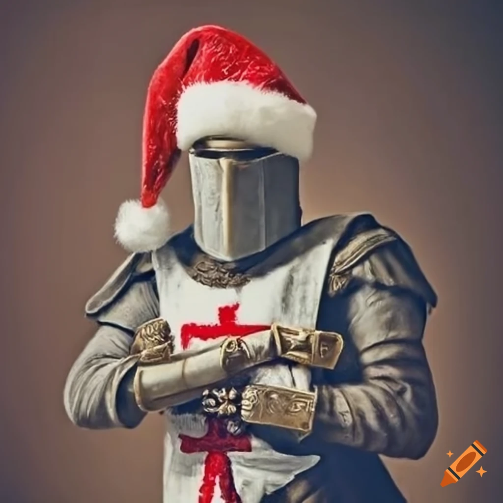 Crusader wearing a christmas hat