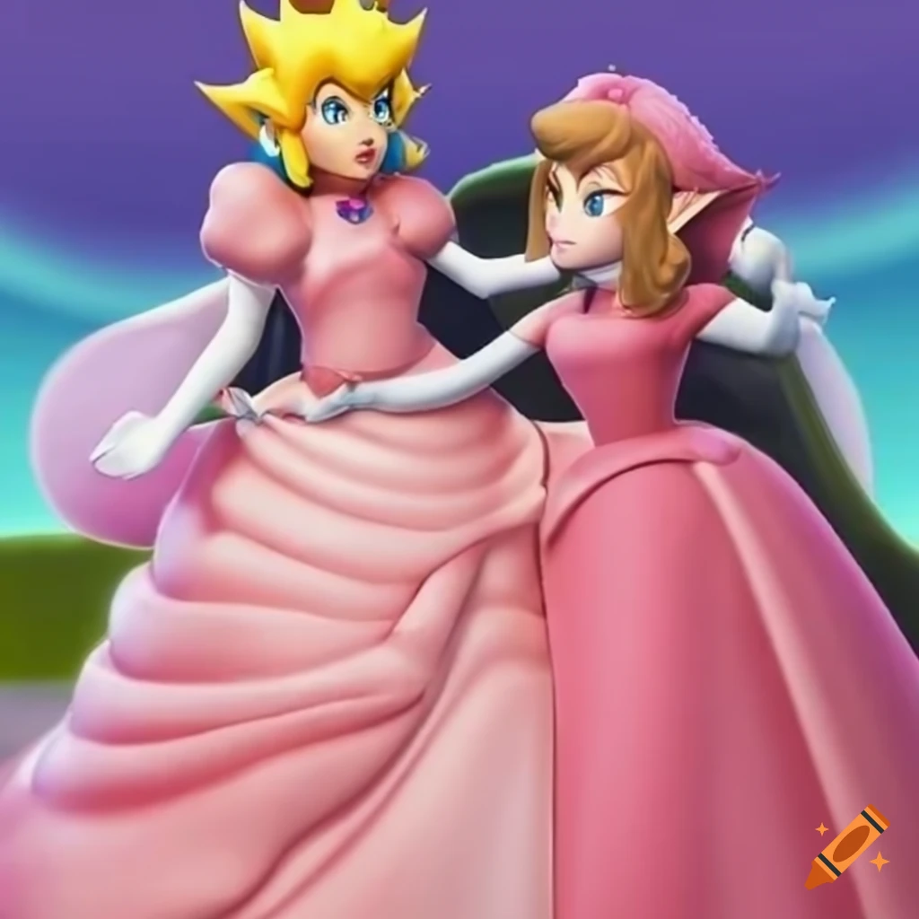 Princess peach and link posing together in pink silk ballgown on Craiyon