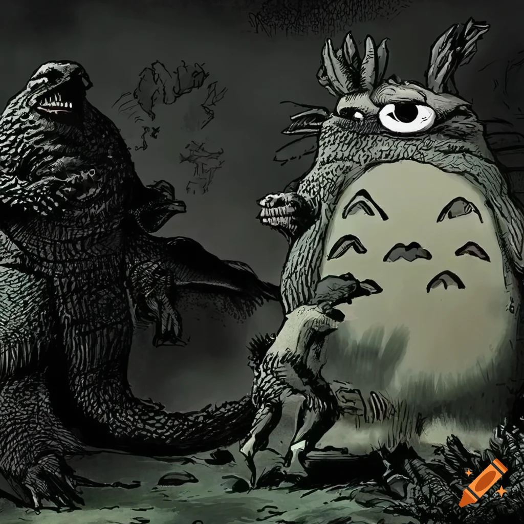 Noir style artwork of Godzilla, Totoro, and Garfield on Craiyon