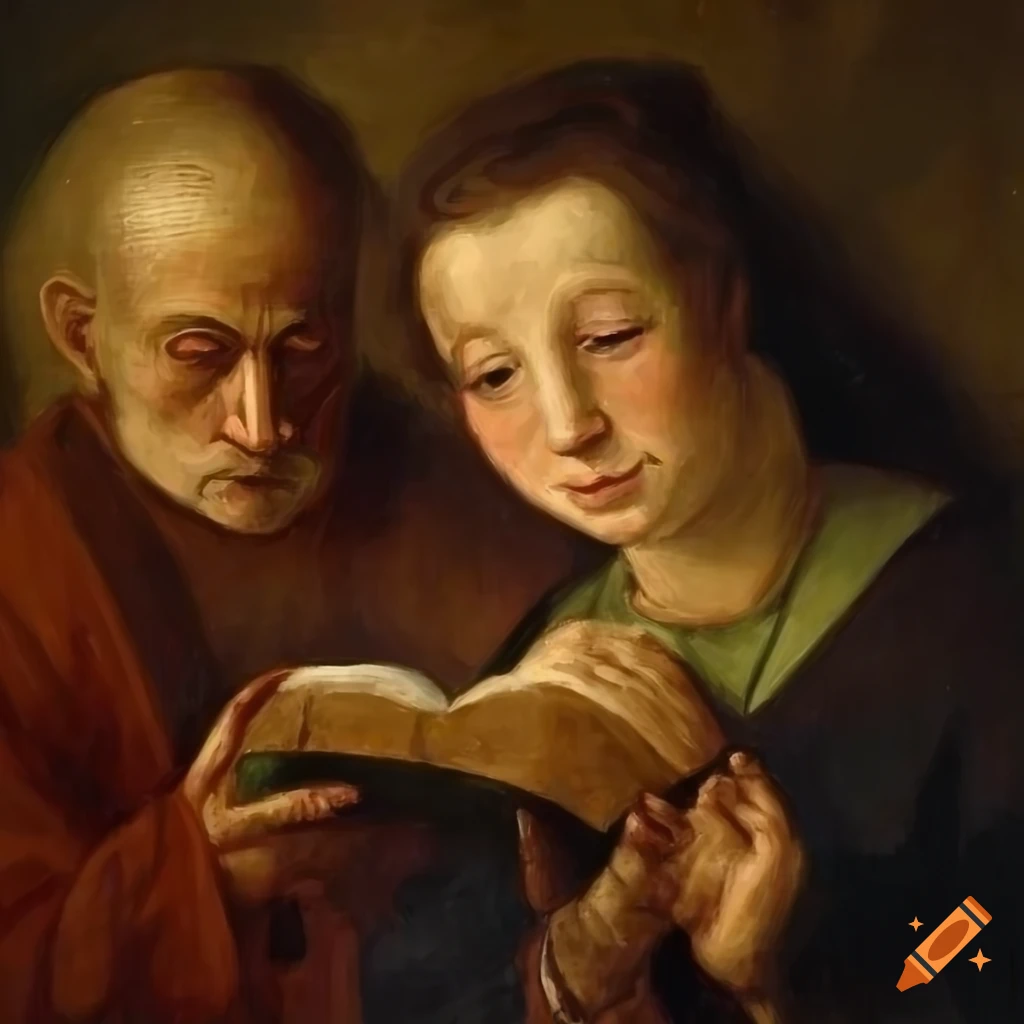 Oil painting of peasants learning to read in a barn on Craiyon