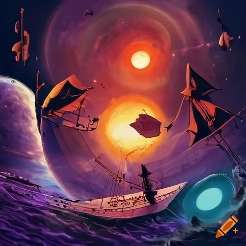 Futuristic space sailing ship traveling between interstellar planets ...