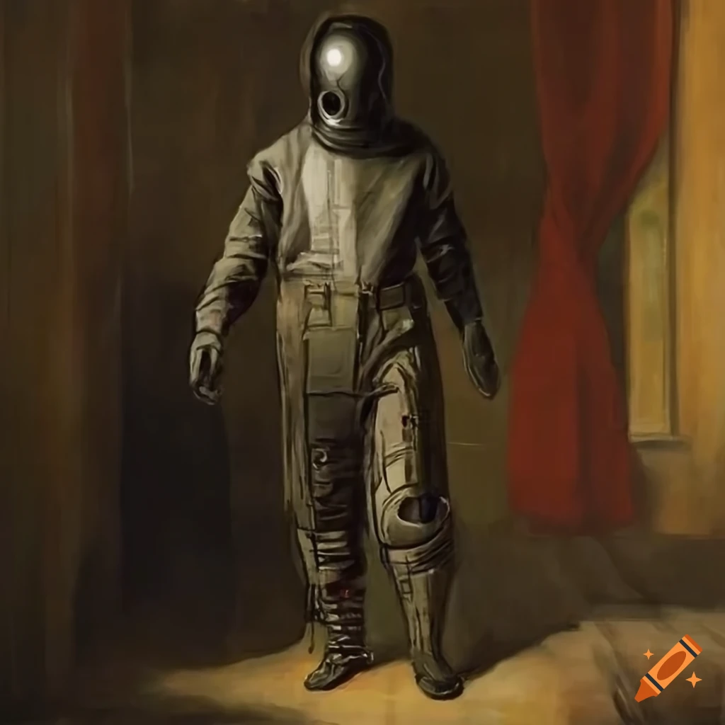 Painting of a man wearing sci-fi overalls and gas mask on Craiyon