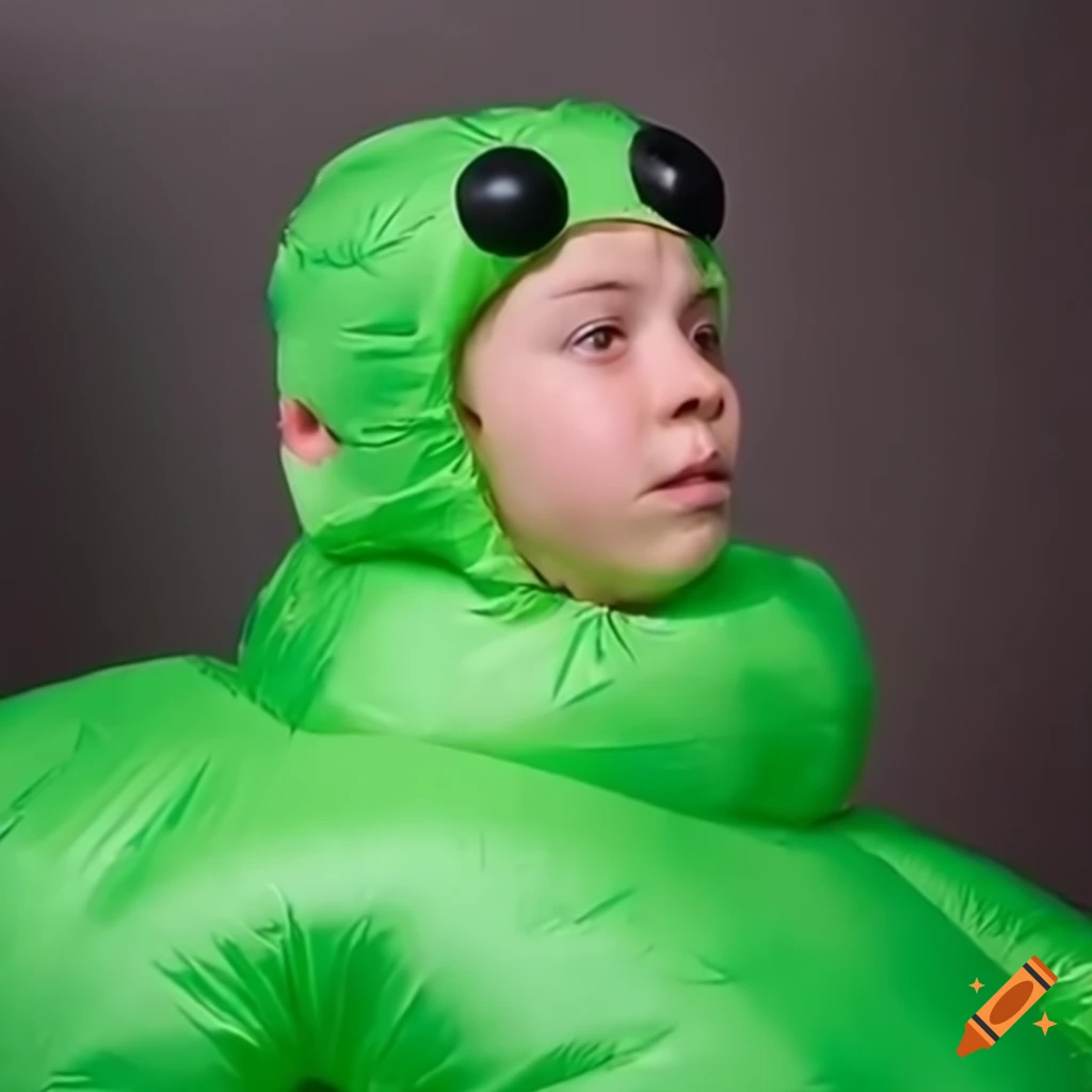 Teenage boy wearing inflatable frog costume on Craiyon