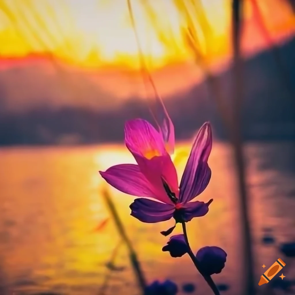 Sunset with beautiful flowers near a river in japan on Craiyon