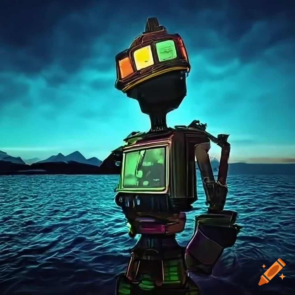 Psychedelic robot playing piano by the sea in norway on Craiyon