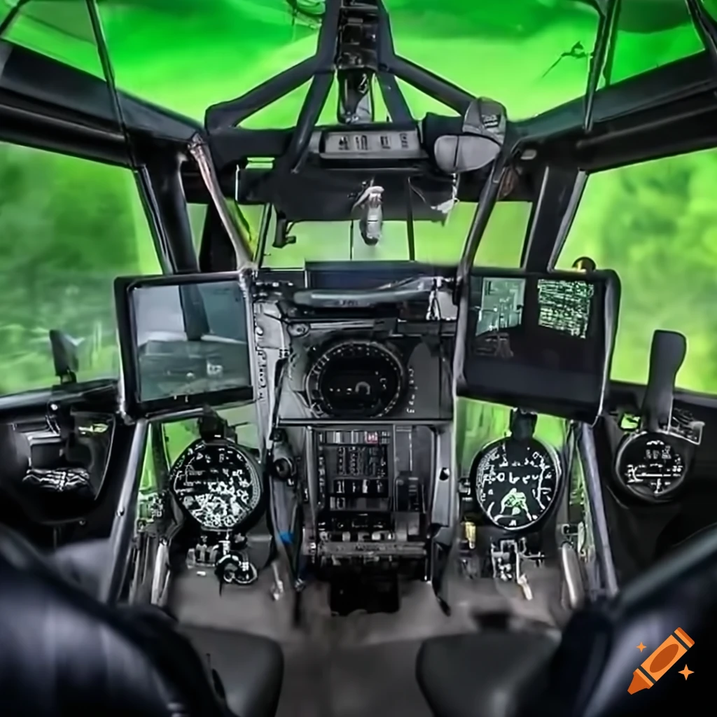 Photo of the cockpit of a tractor with black switches and green screens ...