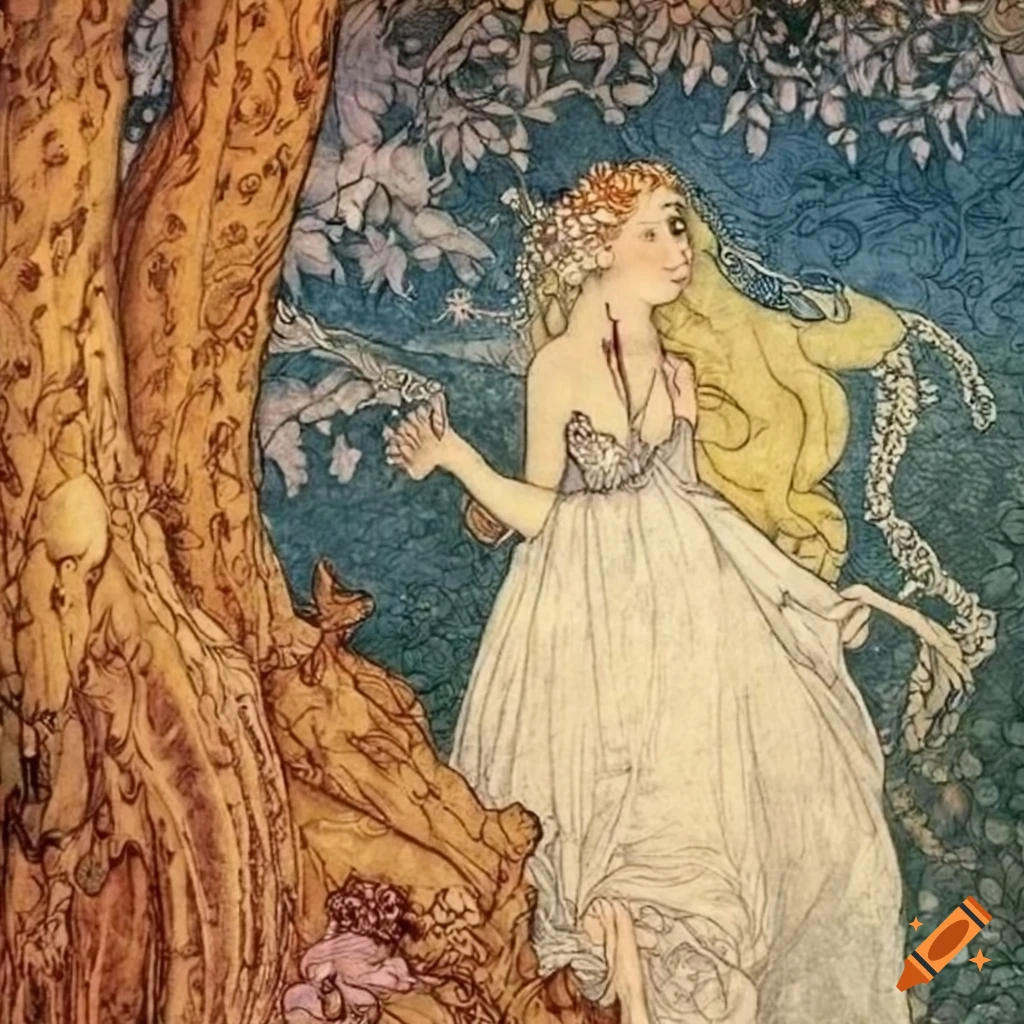 Combine an arthur rackham vibrant color painting of mysterious mystics ...