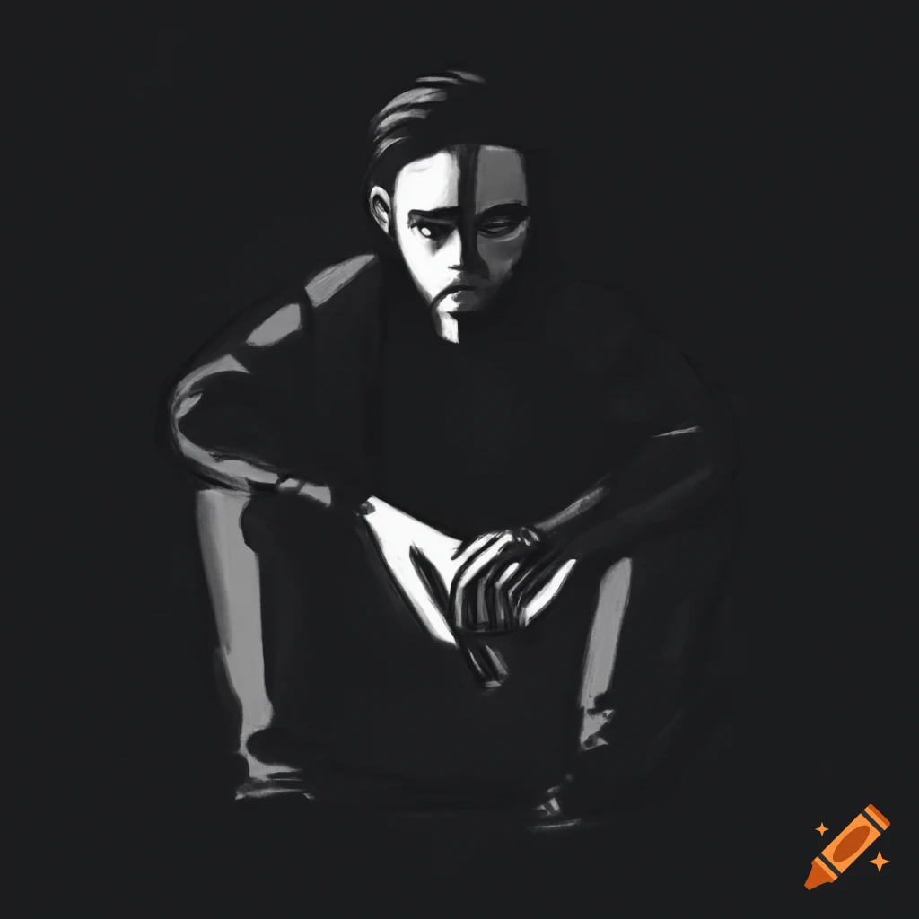 Pencil drawing of a man sitting alone in a dark room on Craiyon