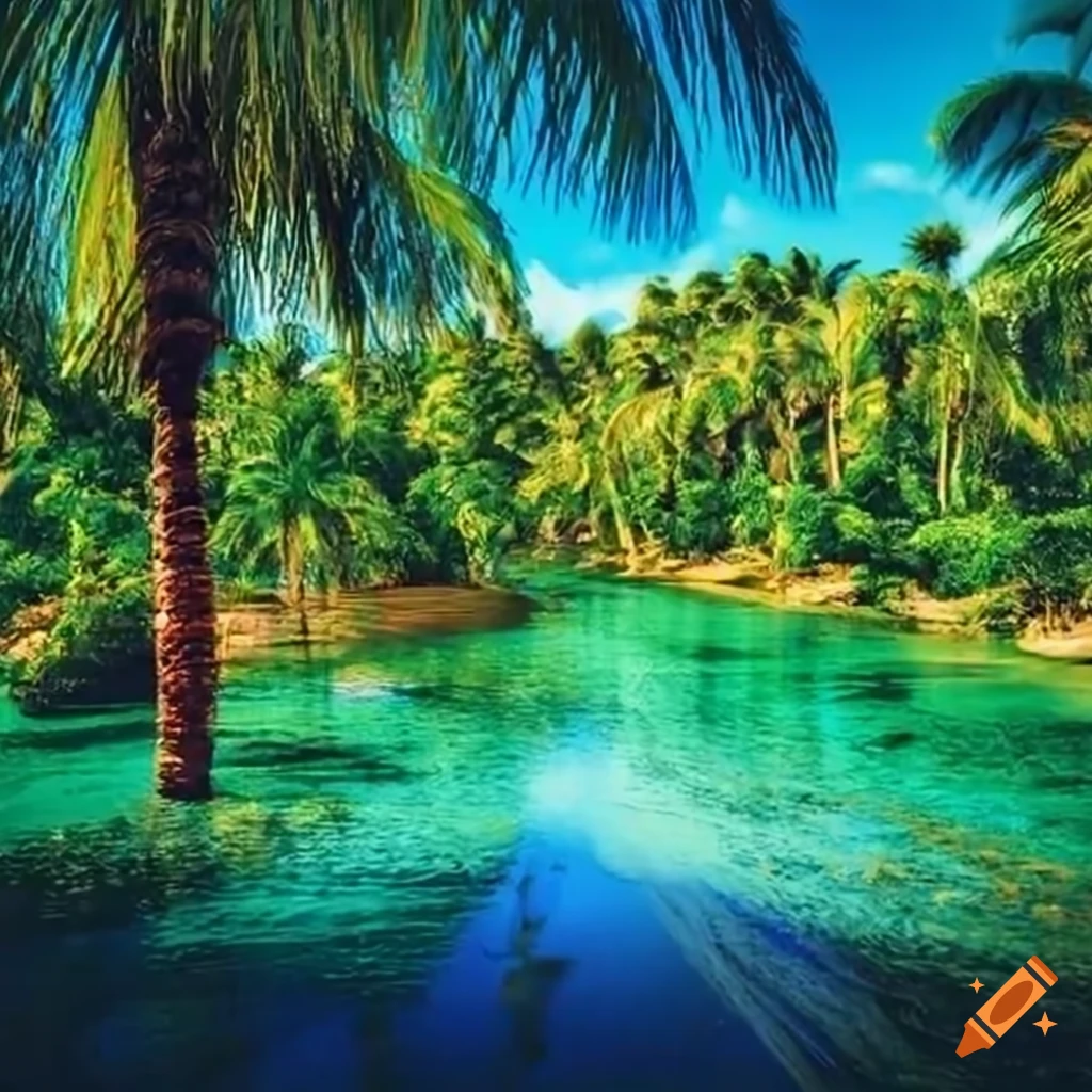 Tropical paradise with water springs and palm trees on Craiyon