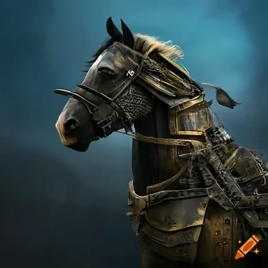 Horse wearing post-apocalyptic battle armor on Craiyon
