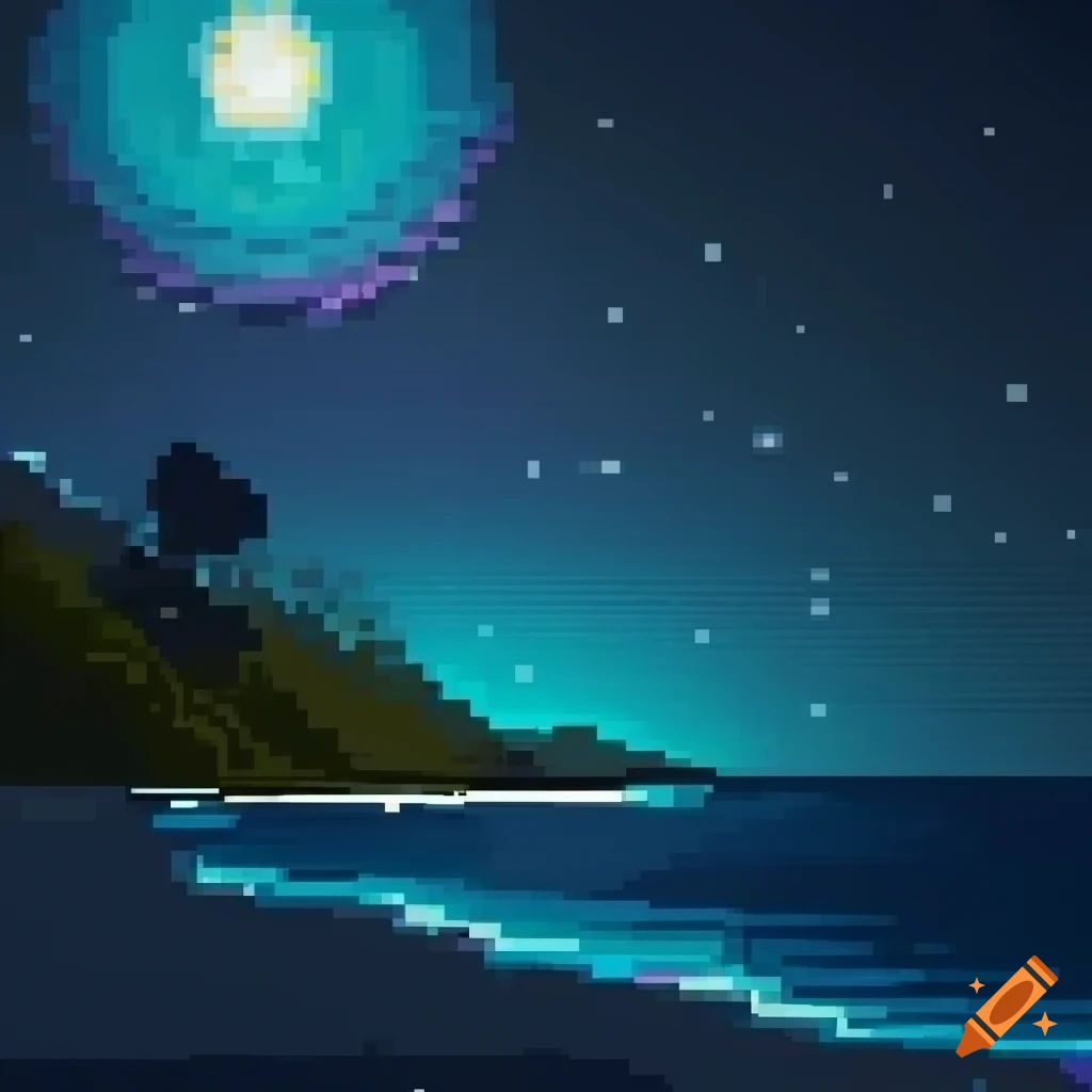 Pixel art of a serene beach at sunrise on Craiyon