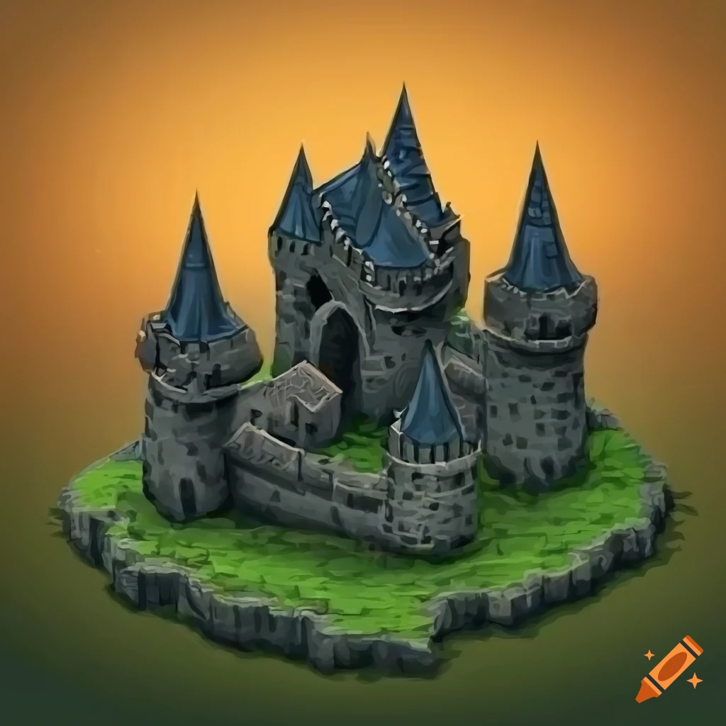 Isometric view of a stone castle surrounded by trees on Craiyon