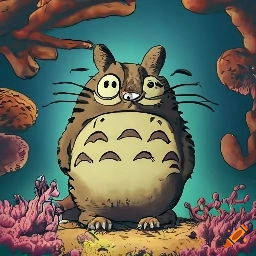 Noir graphic novel style artwork of Coral reef with Godzilla, Totoro ...