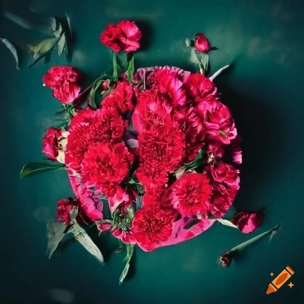 Overhead view of a bushel of red and light red carnations on Craiyon