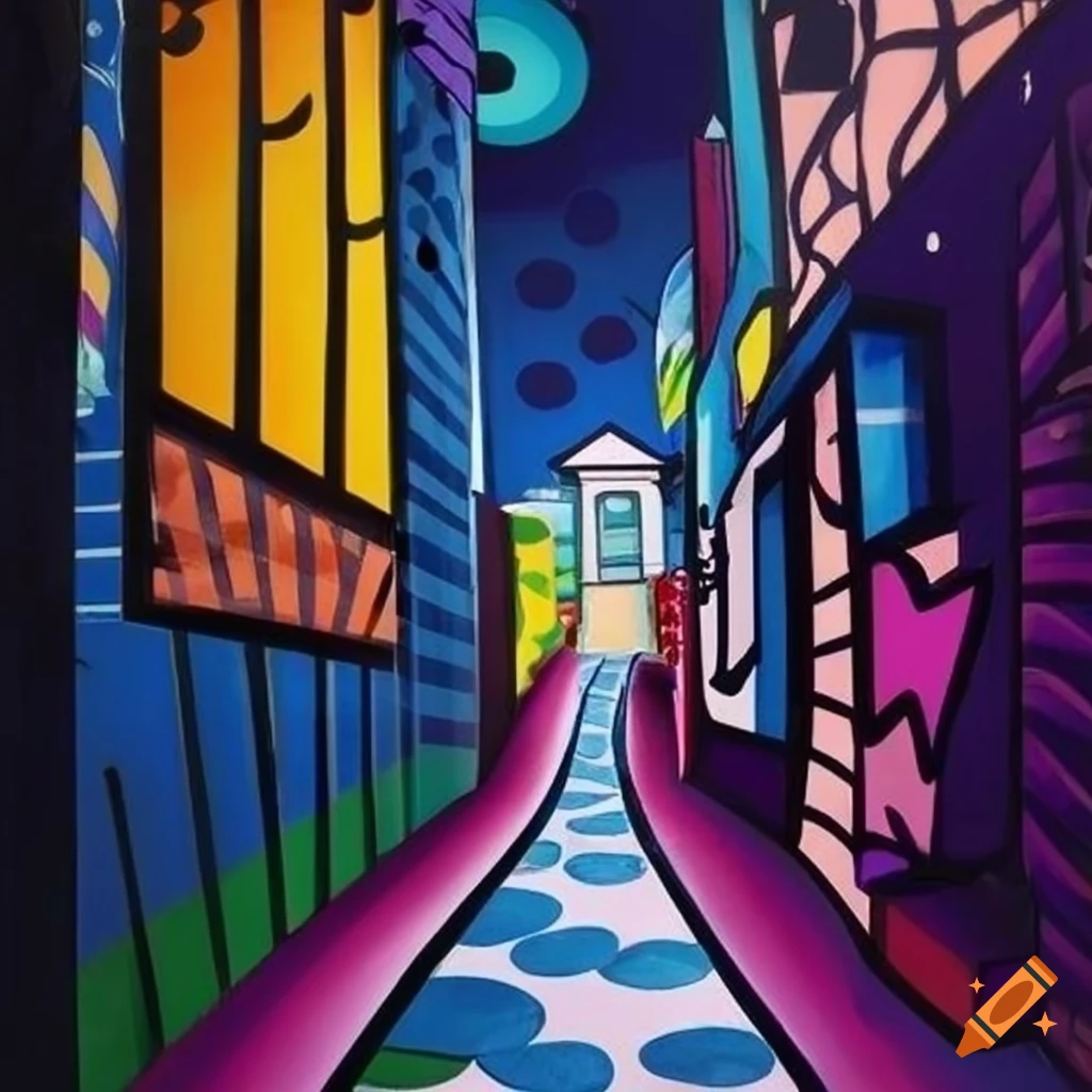Colorful artwork of a street alley with lamps on Craiyon