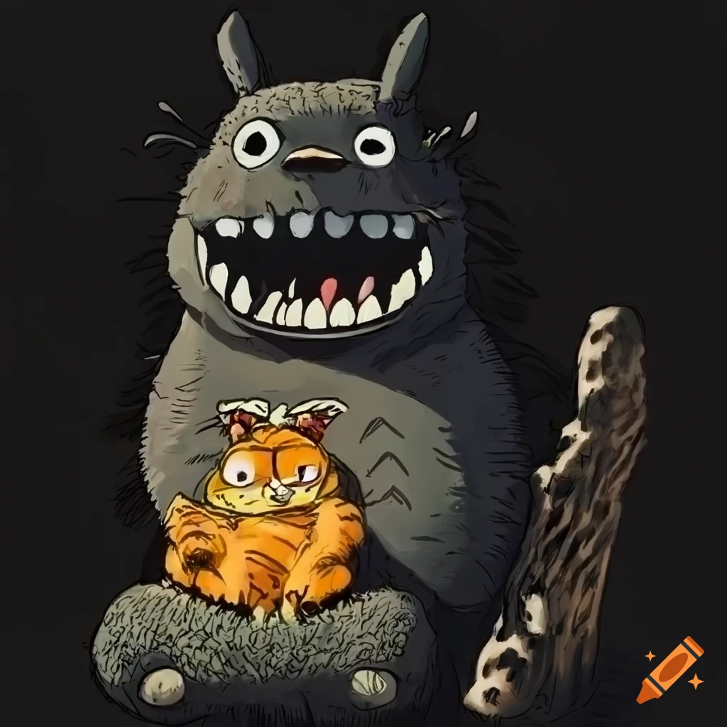 Noir graphic novel artwork of godzilla totoro and garfield