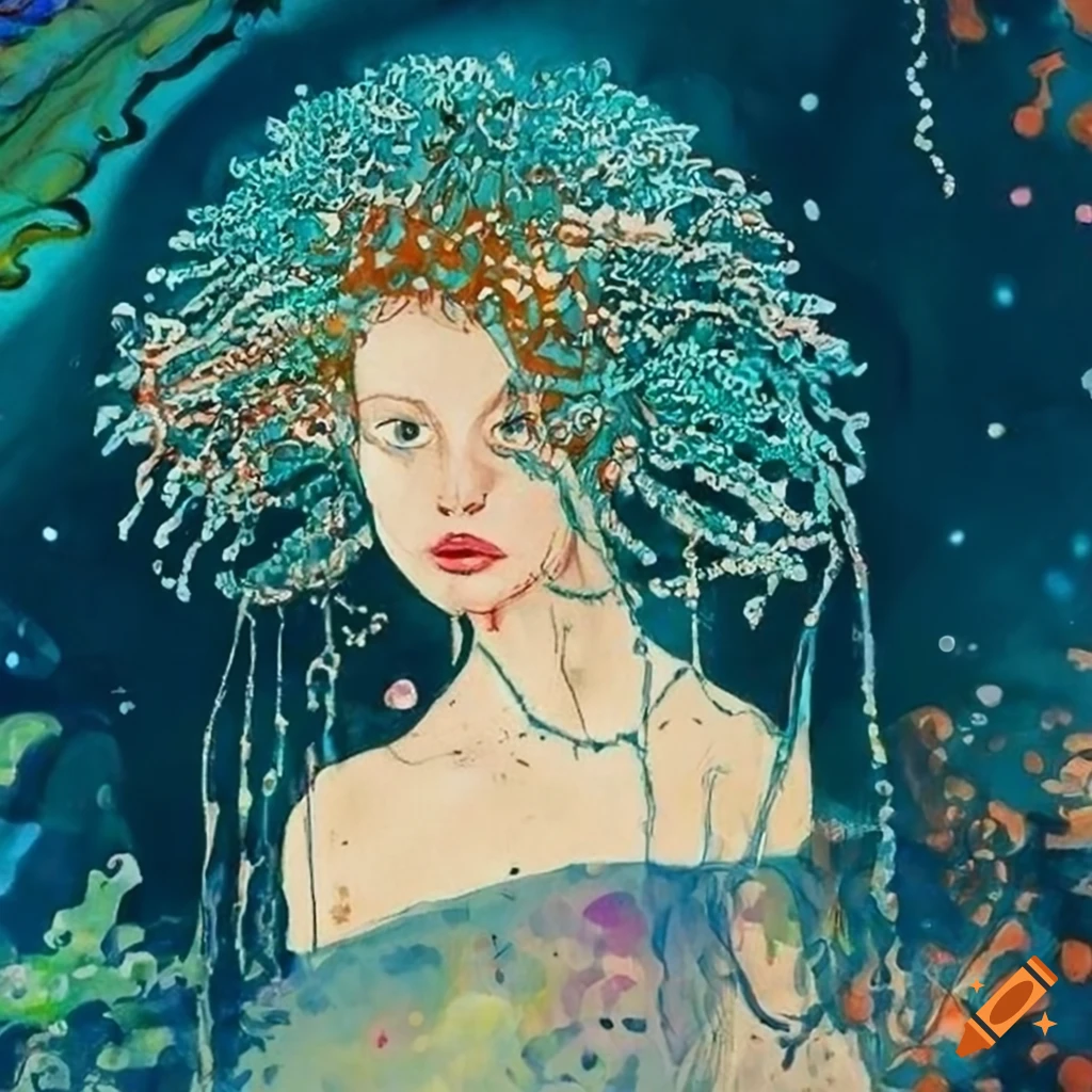 Fashion illustration of a woman with fish in her hair on Craiyon