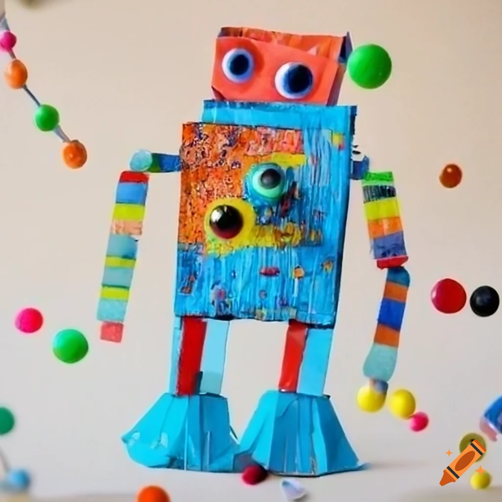 Cute and colorful robot puppet made of collaged paper