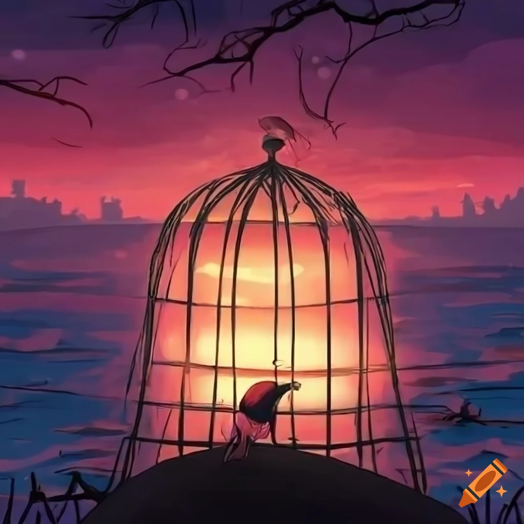 Anime illustration of a bird in a cage overlooking a beautiful ...
