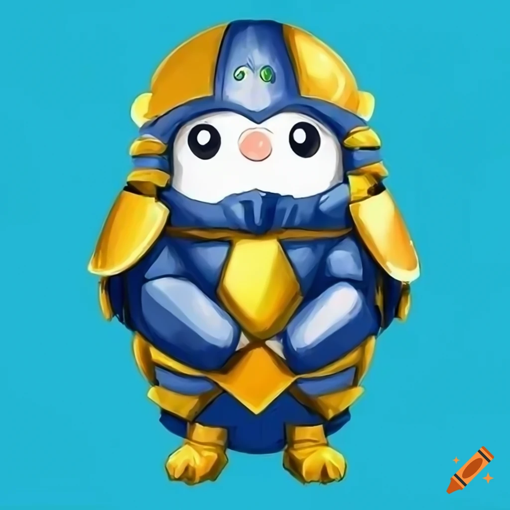 Adorable anime penguin knight with blue and yellow armor on Craiyon