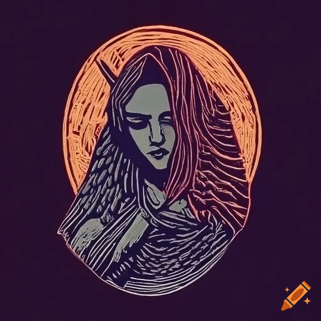 Linocut of a beautiful androgynous angel named lucifer on Craiyon