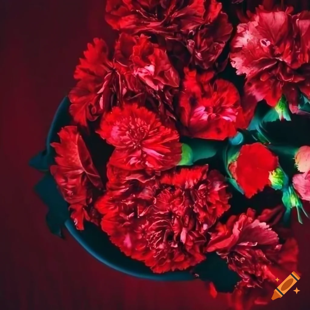 Overhead view of red and light red carnations in a bushel on Craiyon