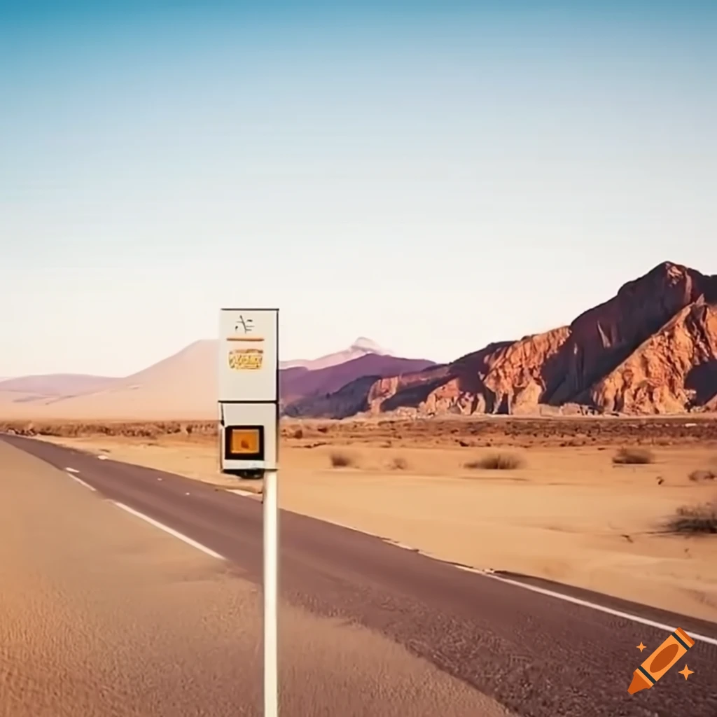 Desert road with a bus stop and mountains in the distance on Craiyon