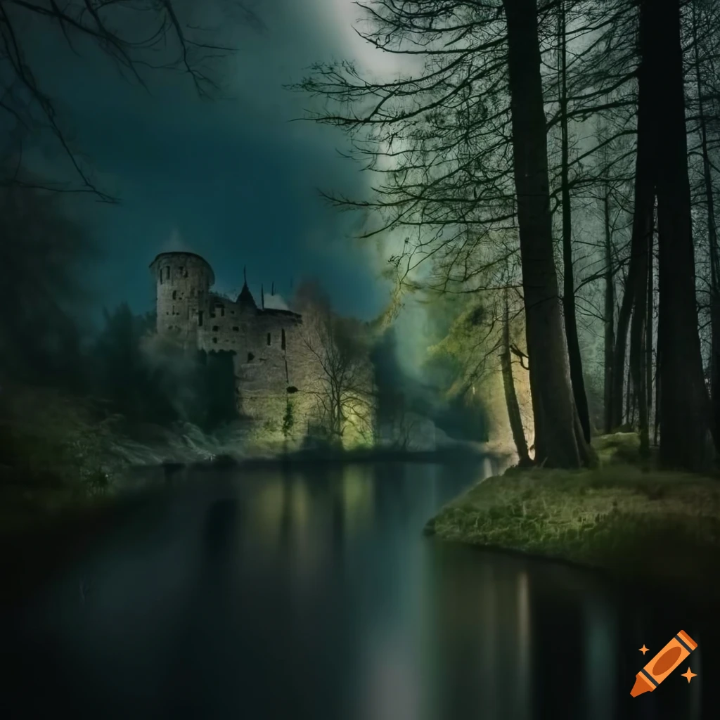 Night view of a medieval castle near a river and tall pine trees