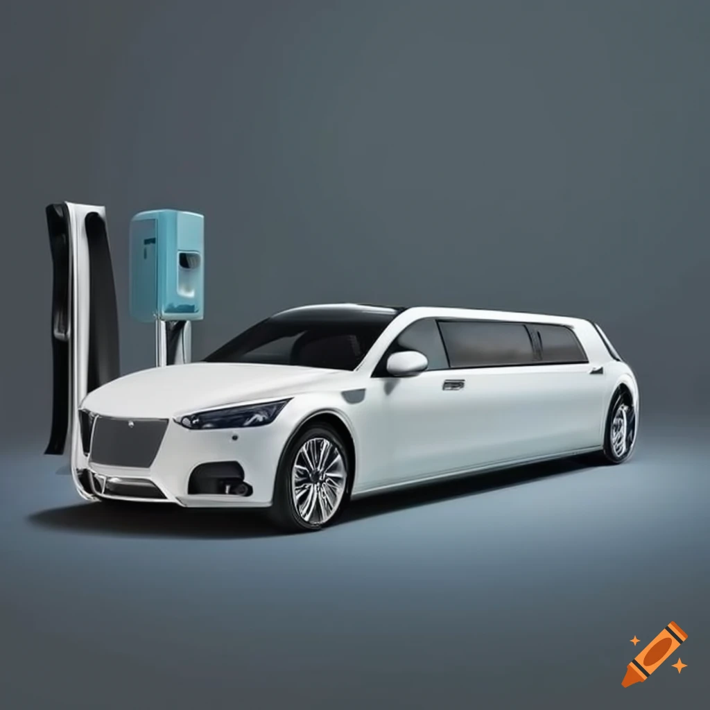 Elegant white electric limousine with charger plugged in on Craiyon