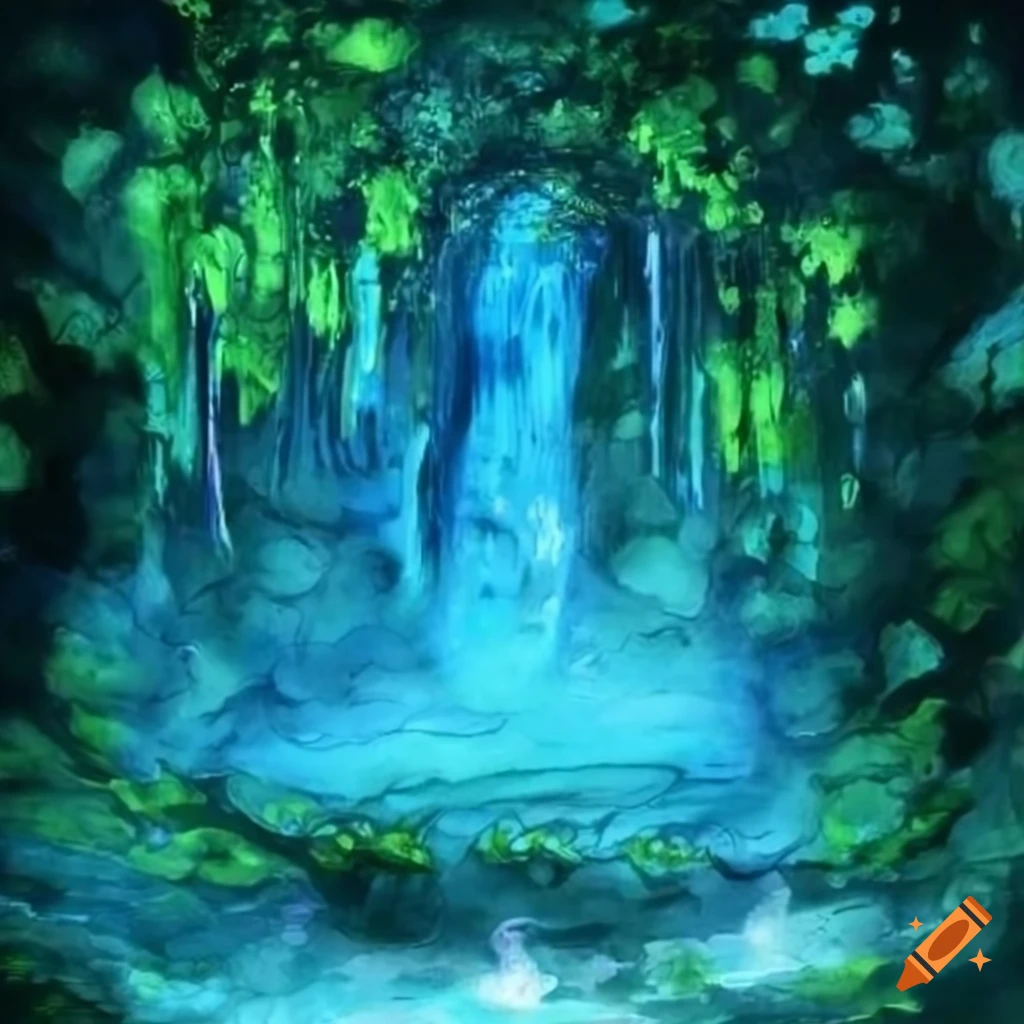 Concept art of a lush cave with glowing vines and mushrooms on Craiyon