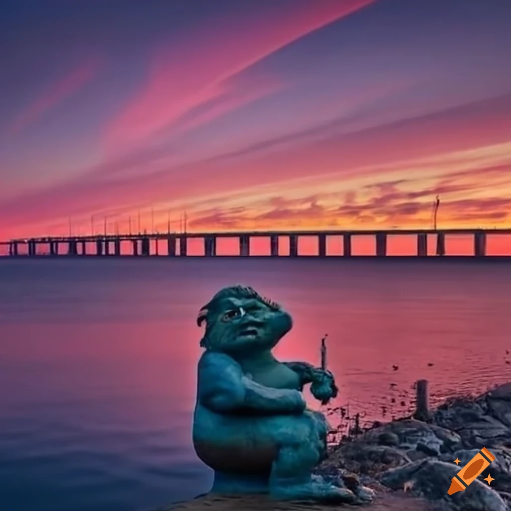 Sunset view of a troll guarding the bridge