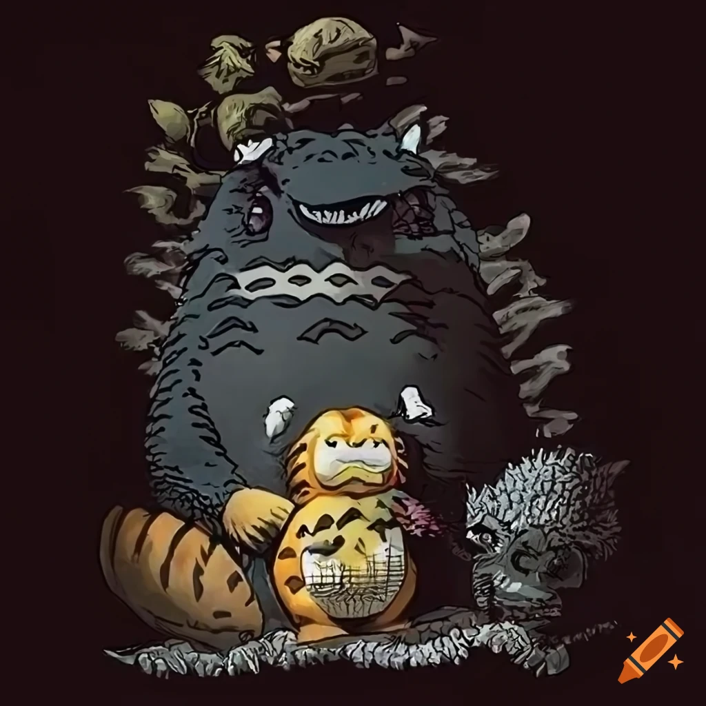 Noir graphic novel artwork of godzilla totoro and garfield on Craiyon
