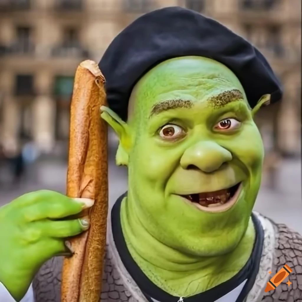 Shrek eating a baguette in paris on Craiyon