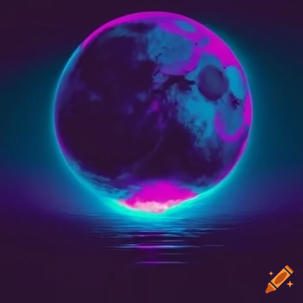 Neon colored moon over the ocean on Craiyon