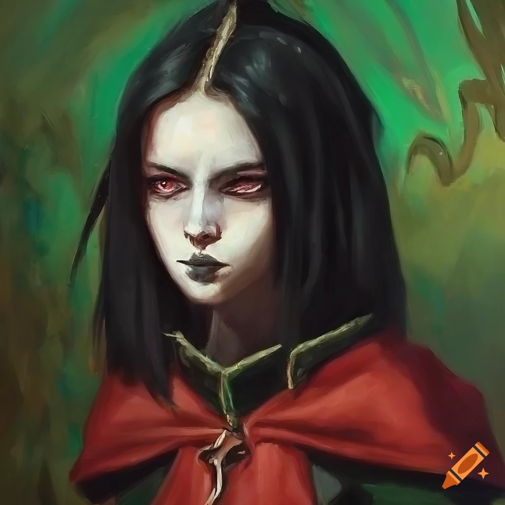 Oil painting of a fierce dark-haired red mage girl on Craiyon