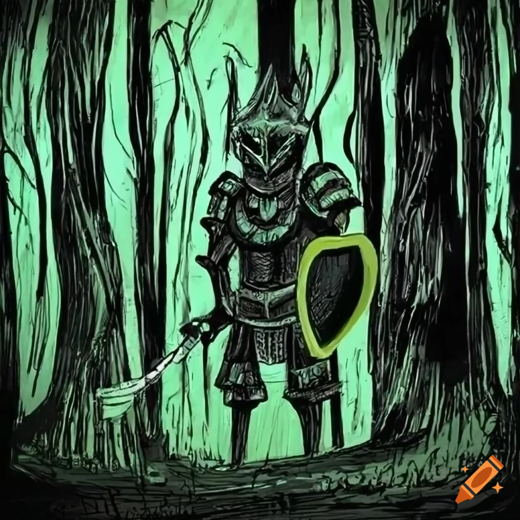 Dark fantasy art of Spongebob in black knight armor on Craiyon