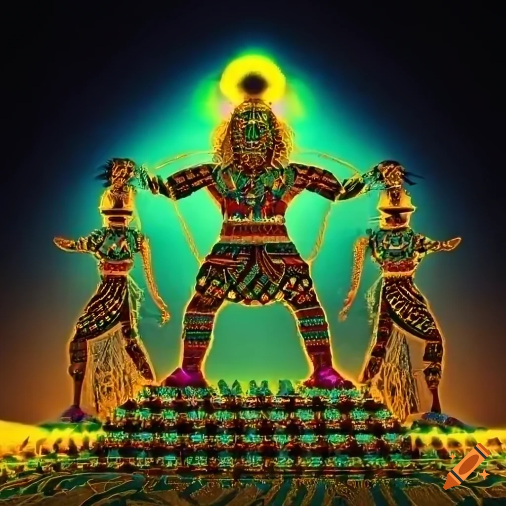 Psychedelic desert oasis with gem-covered ancient gods dancing on Craiyon